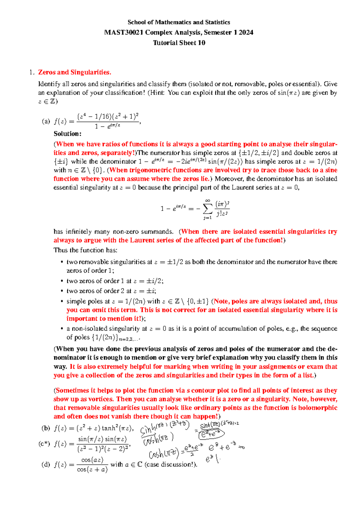 Tutorial-10 - School of Mathematics and Statistics MAST30021 Complex Analysis, Semester 1 2024 ...