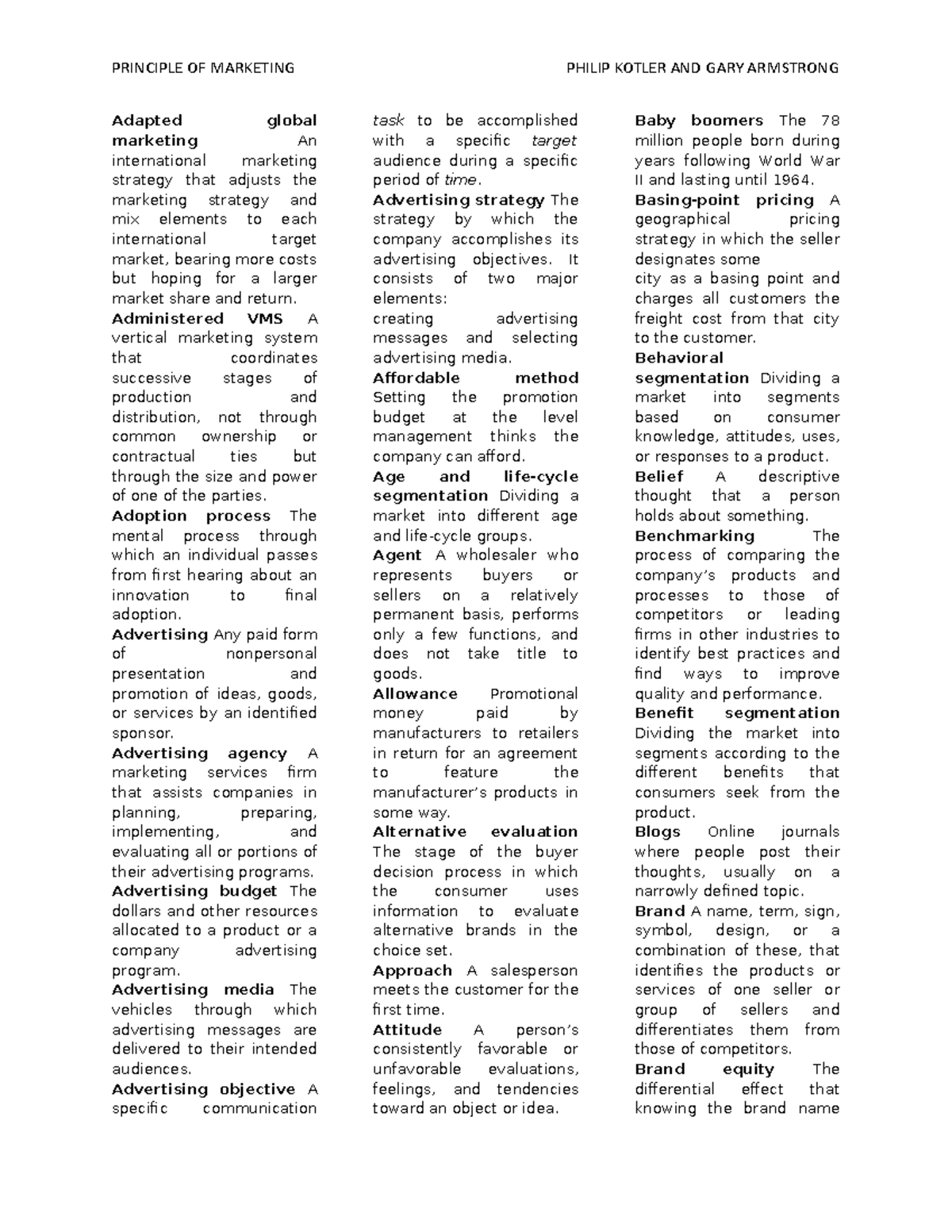 Principles of marketing glossary - Adapted global marketing An ...