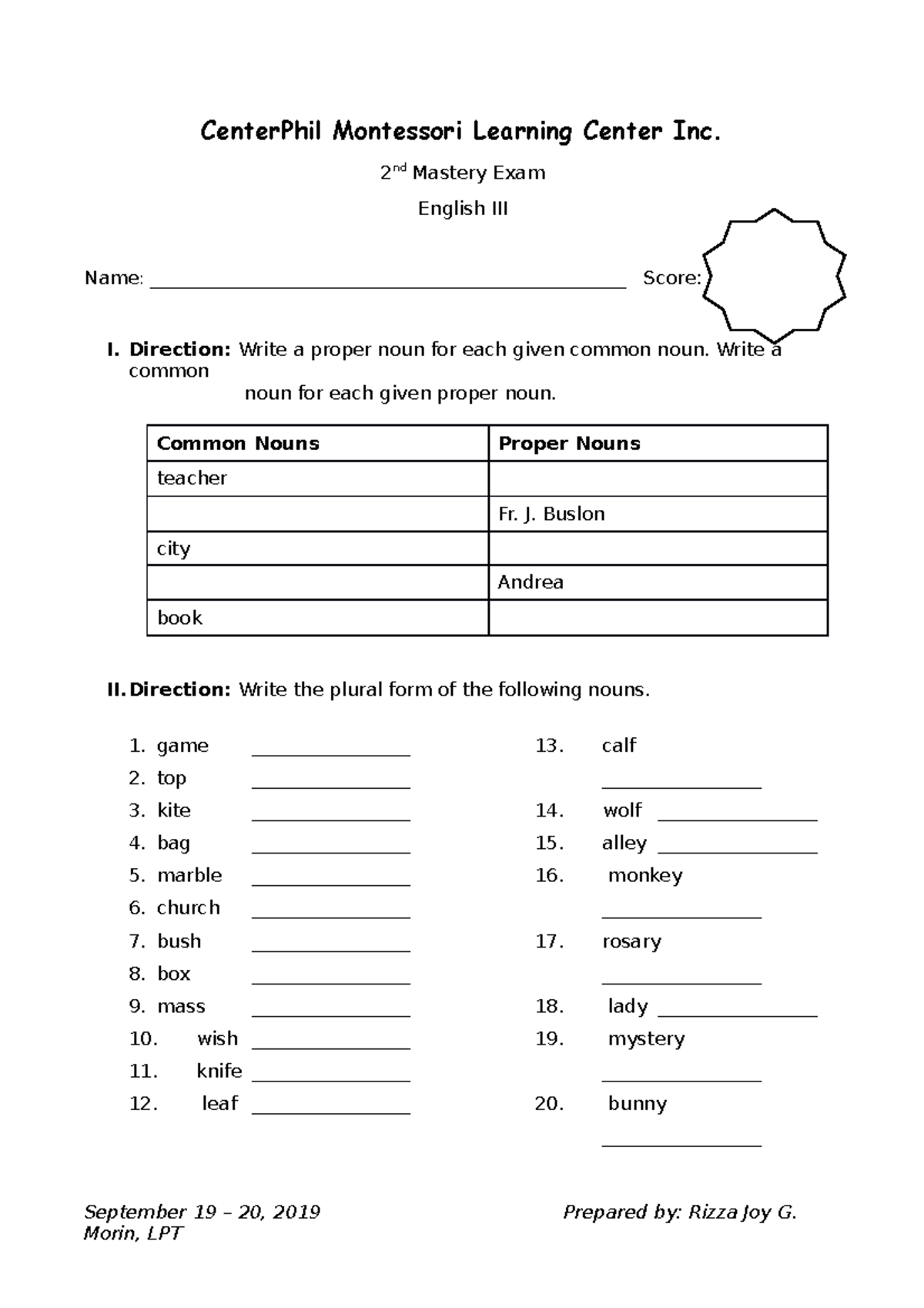 2MT-English 3 - exam - CenterPhil Montessori Learning Center Inc. 2 nd ...