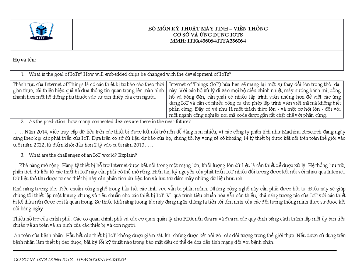 02 IOT - HW - iot - BỘ MÔN KỸ THUẬT MÁY TÍNH – VIỄN THÔNG CƠ SỞ VÀ ỨNG DỤNG IOTS MMH: - Studocu