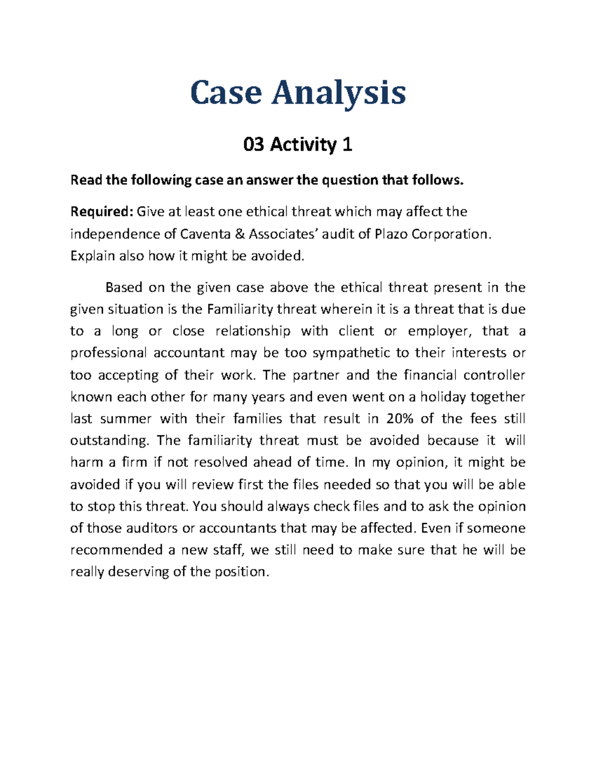 Activity - practice materials - Case Analysis 03 Activity 1 Read the ...