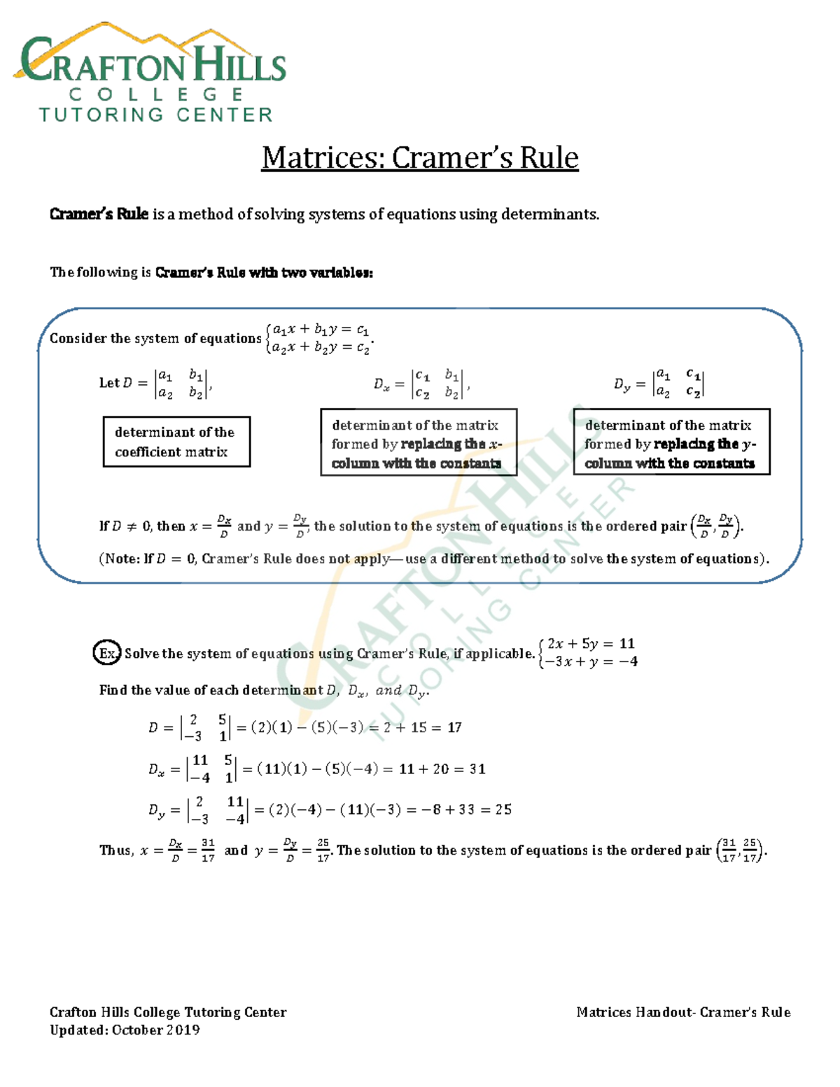 Matrices-cramers - Summary ICT Technician - Crafton Hills College ...