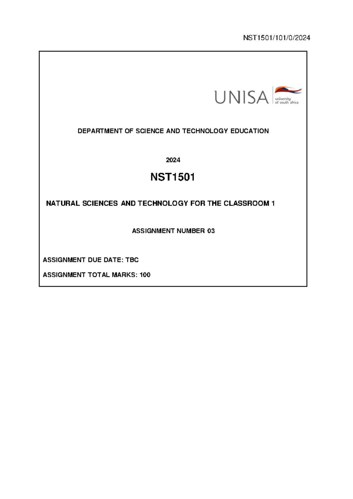 NST1501 Assignment 03 OF TUT Letter 101 2024 - NST1501/101/0 ...