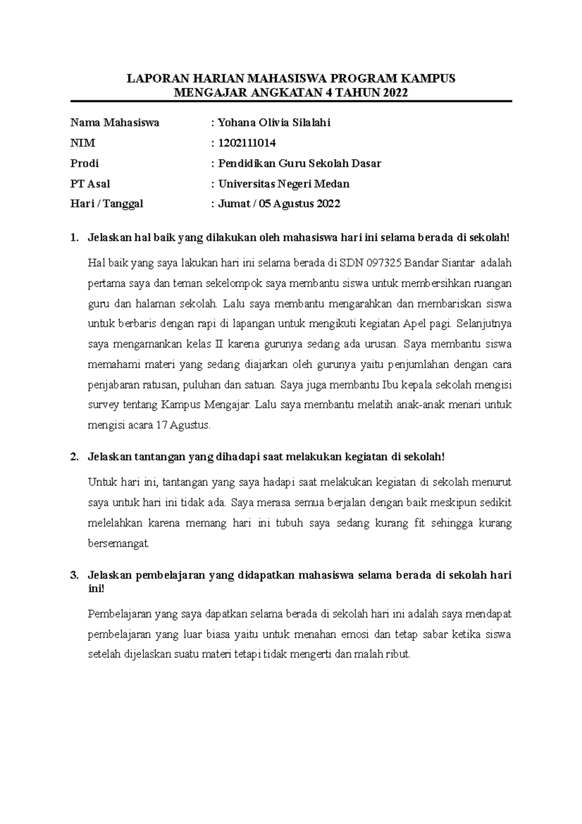 Logbook Day 5 Yohana Olivia Silalahi - LAPORAN HARIAN MAHASISWA PROGRAM ...