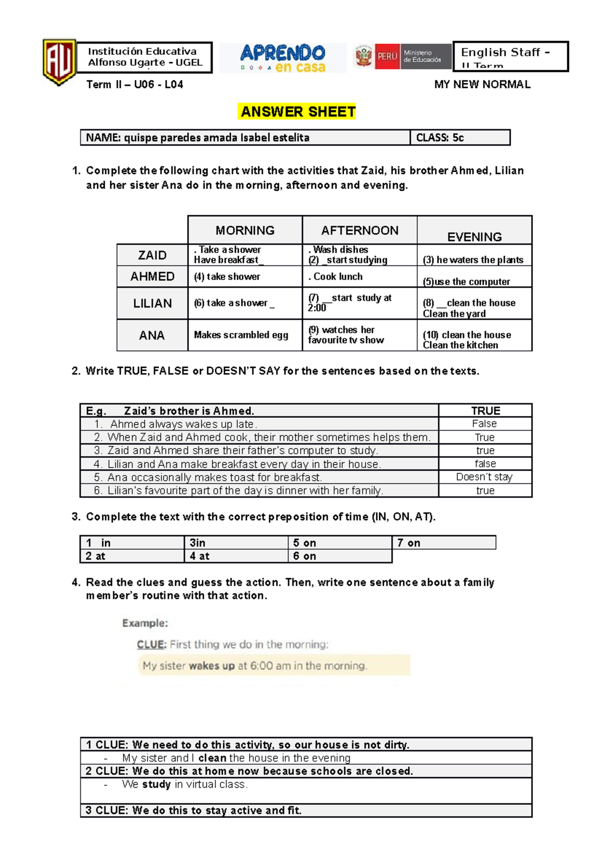 Answer Sheet U6L4 - es muy buena - Term II – U06 - L04 MY NEW NORMAL ...