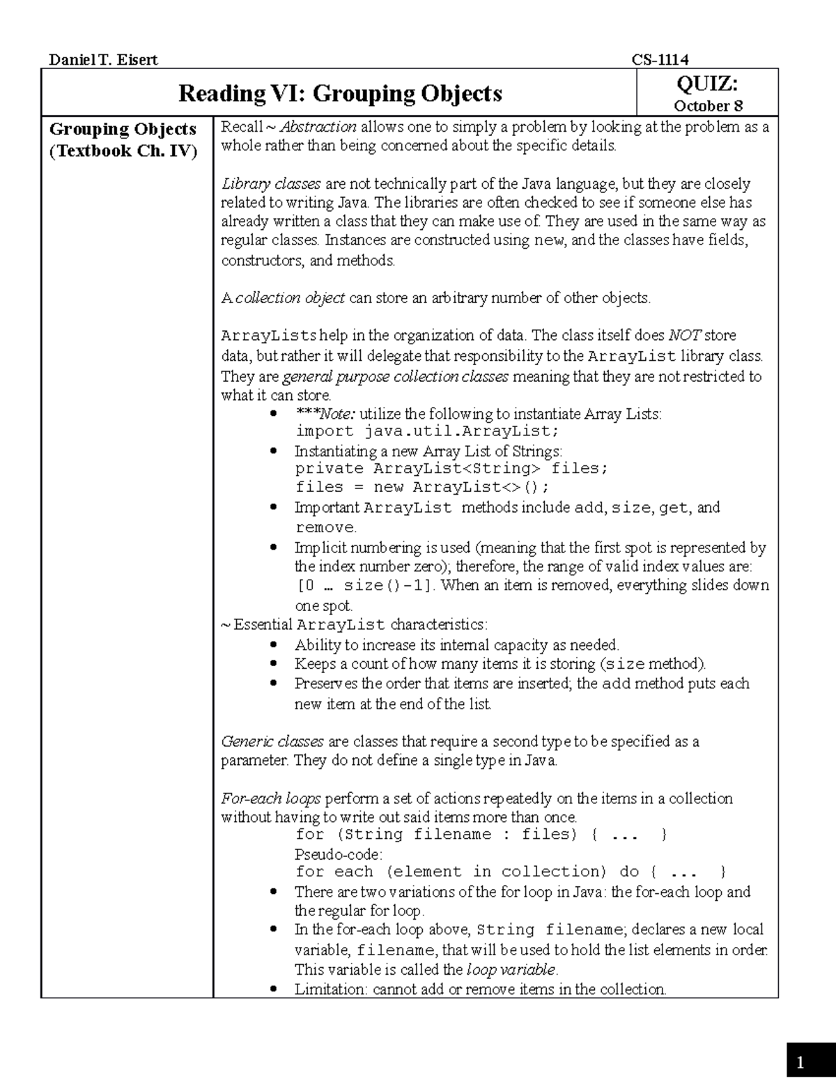 CS-1114 - Notes - Reading 6 - 1 Daniel T. Eisert CS- Reading VI ...