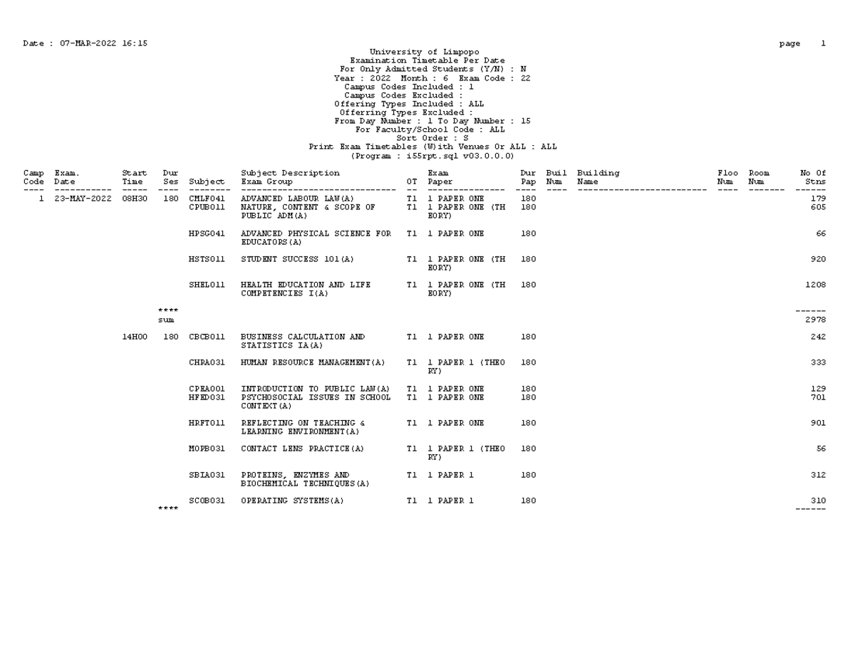 2022 MID-YEAR EXAM Draft TIME- Table PER Session - University of ...
