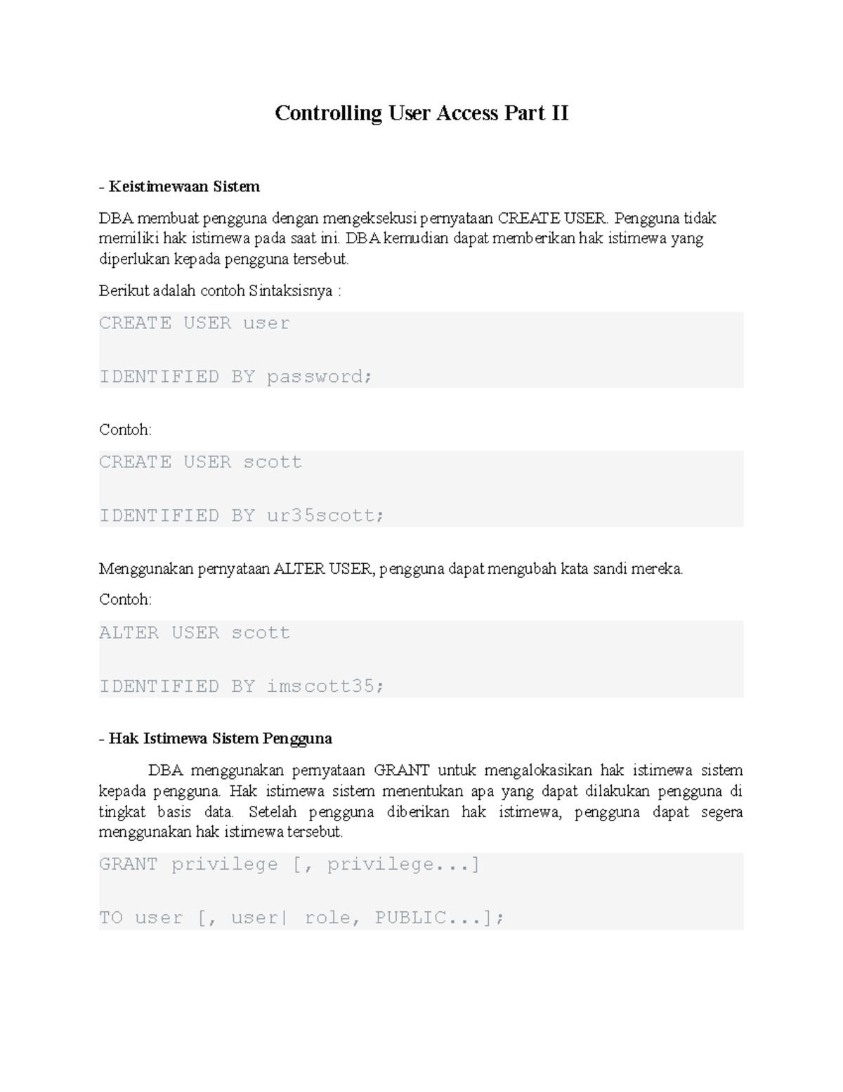 Controlling User Acess Part Ii Controlling User Access Part Ii Keistimewaan Sistem Dba Membuat