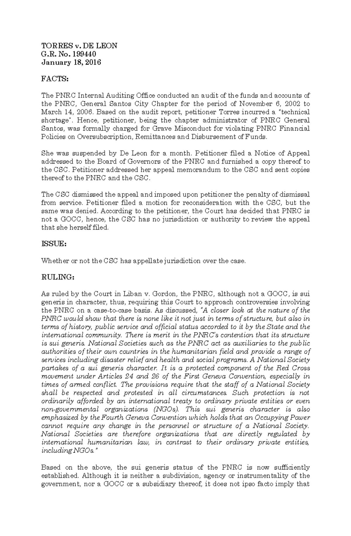 Torres v DE LEON - Summary Juris Doctor - TORRES v. DE LEON G. No ...