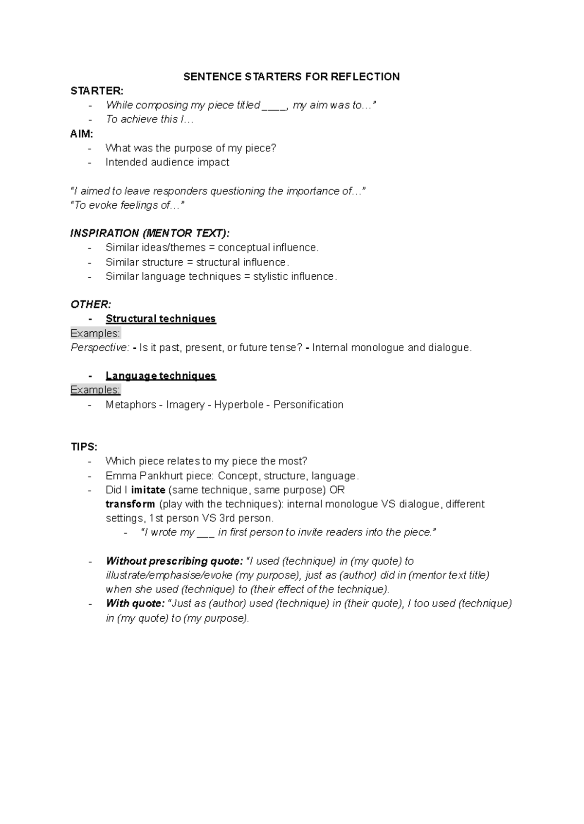 Reflective Commentary Guide - SENTENCE STARTERS FOR REFLECTION STARTER ...