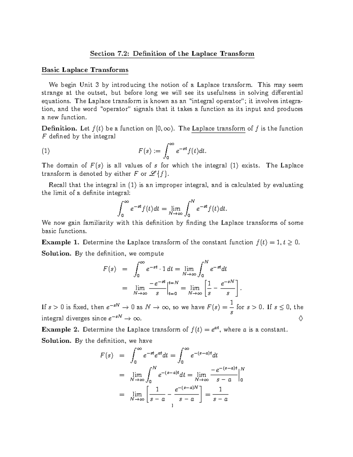 Notes on laplace transform - Section 7: Definition of the Laplace ...