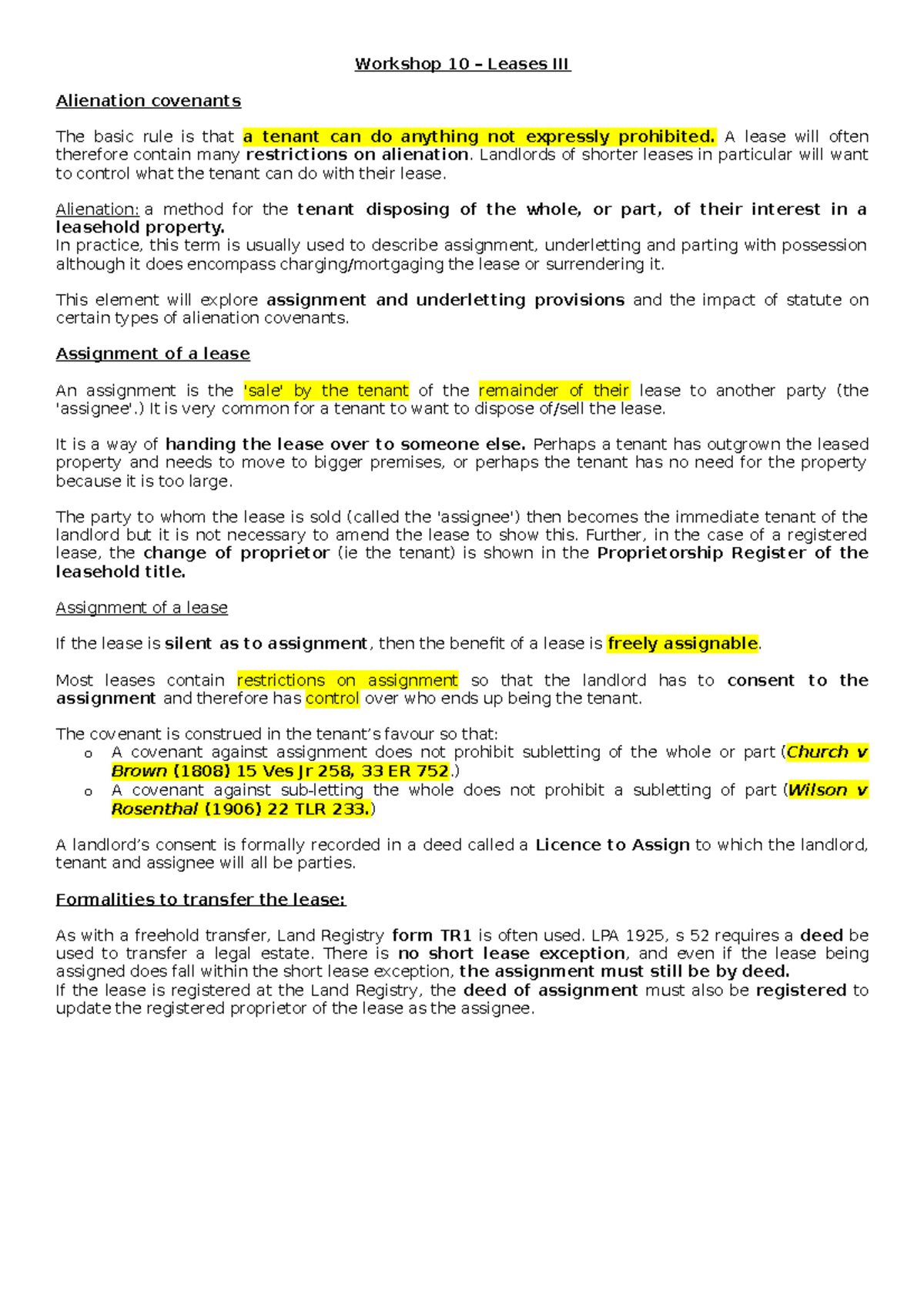 10 - Leases III - Workshop 10 – Leases III Alienation covenants The ...