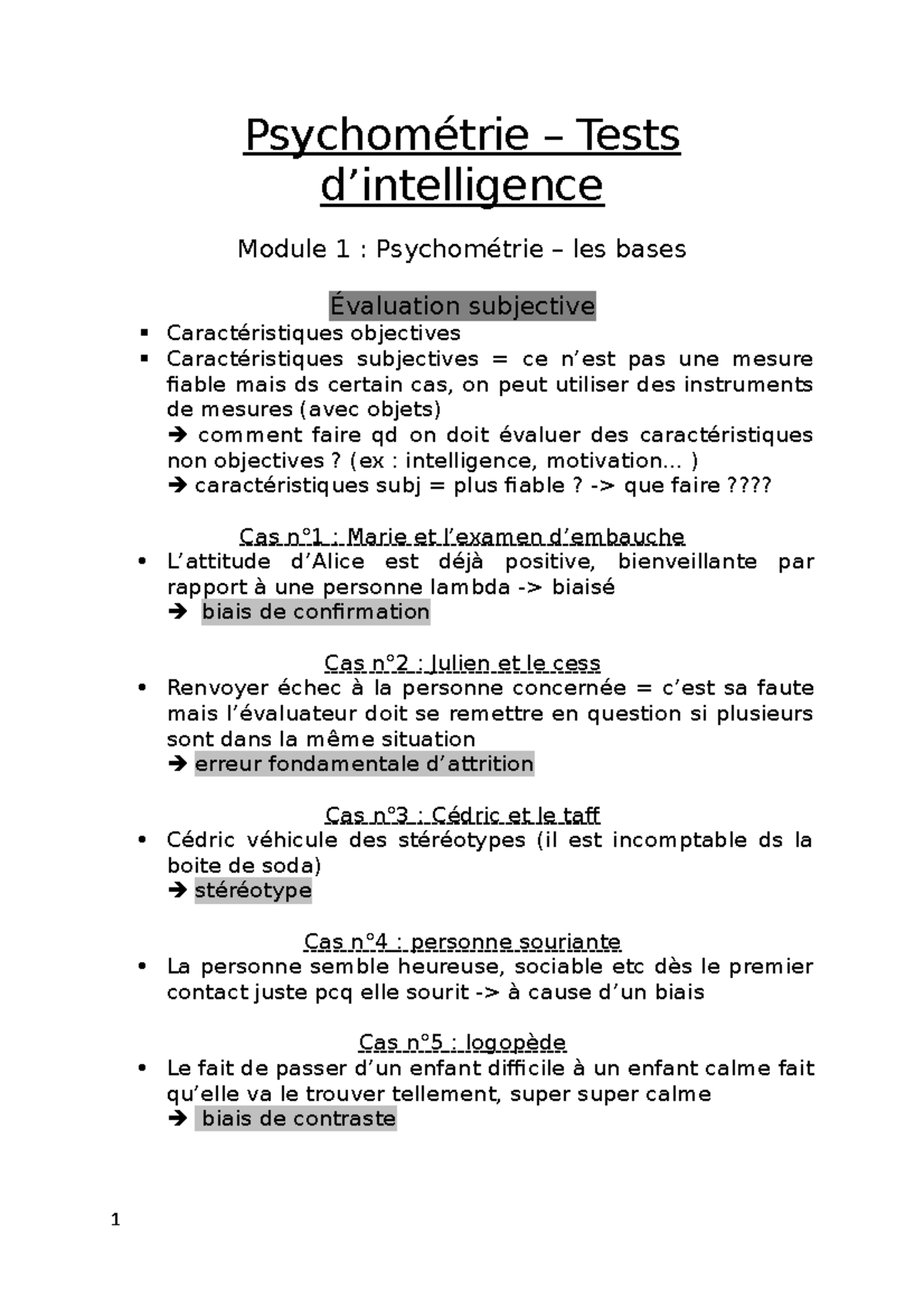 Psychométrie - module 1 - Psychométrie – Tests d’intelligence Module 1 ...