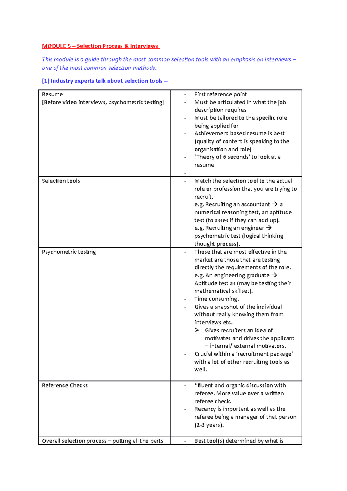 MGNT205 Module 5 Notes - MODULE 5 – Selection Process & Interviews This ...