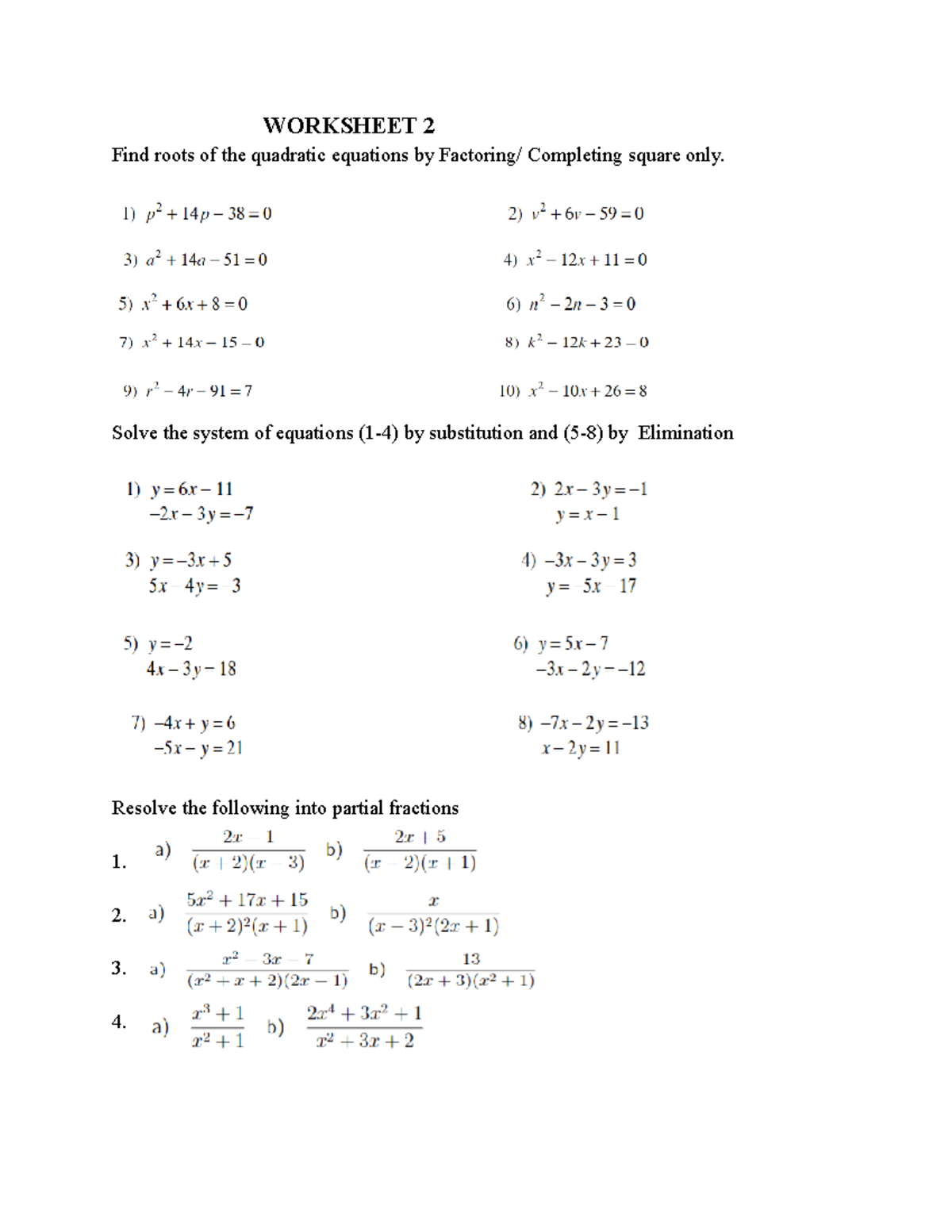 Worksheet 2 - Mathematical Modelling - WORKSHEET 2 Find roots of the quadratic equations by ...