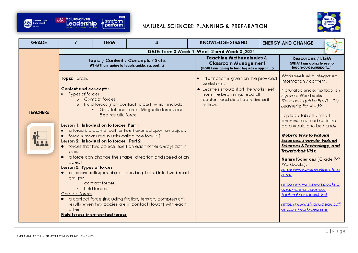 Lesson Plan GET SP Gr. 9 Natural Sciences T3 W1 - 1 | P a g e NATURAL ...