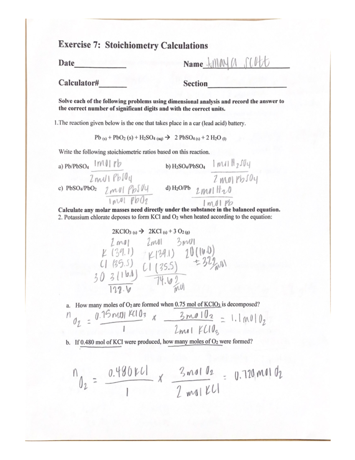 Exercise 7 Stoichiometry Calculations 2 - CHM-105 - Studocu