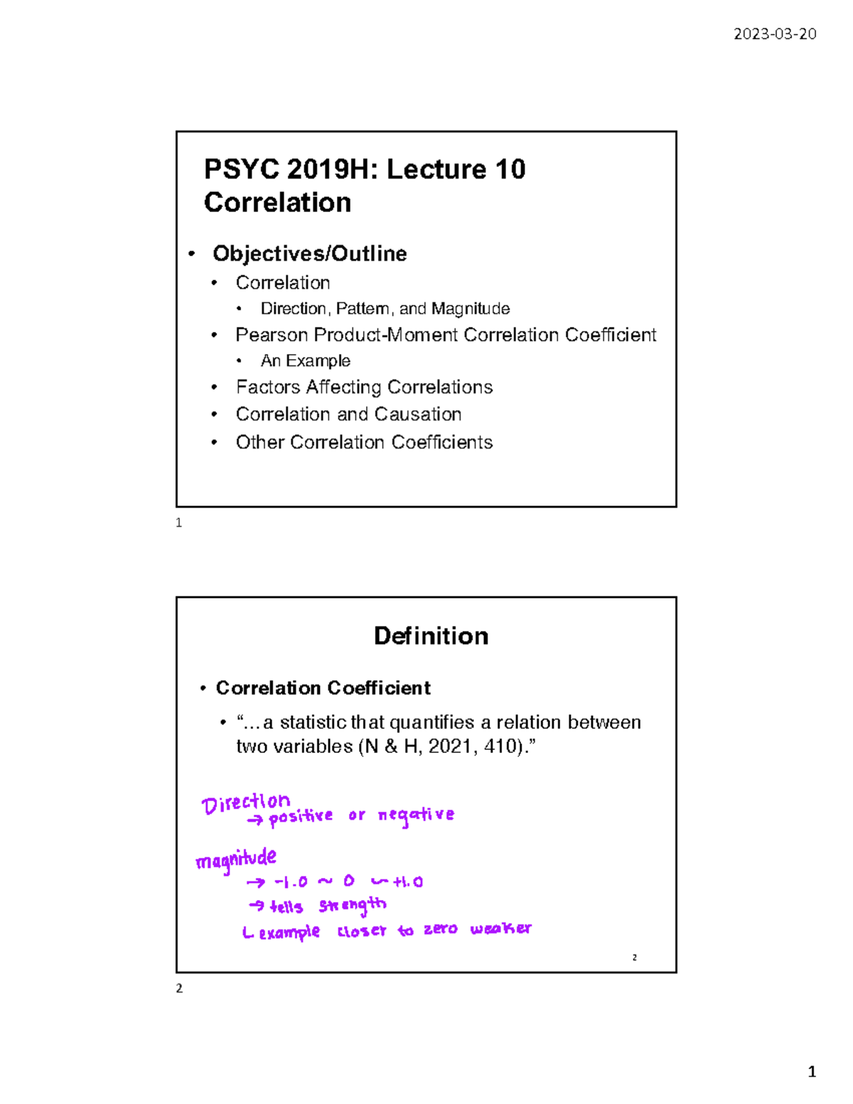 Student PSYC 2019 H Lecture 11 WI2023 - PSYC 2019H: Lecture 10 Correlation • Objectives/Outline ...