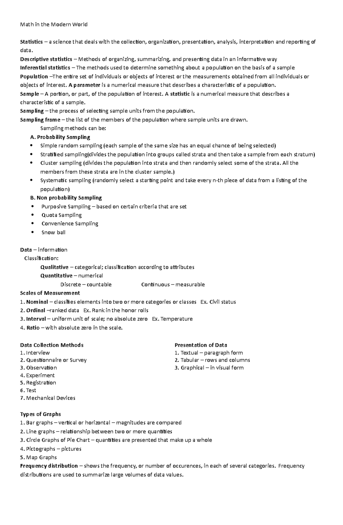 Statistics Review - Math in the Modern World Statistics – a science ...