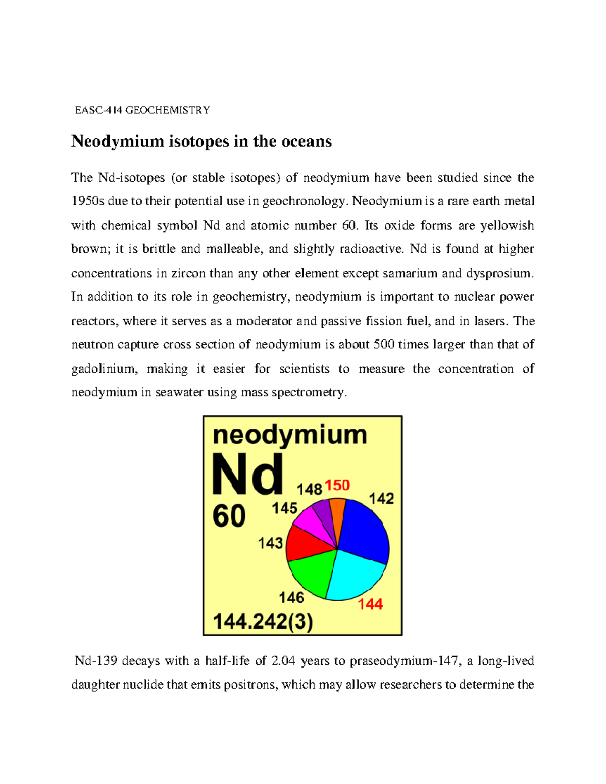 Neodymium isotopes in the oceans - EASC-414 GEOCHEMISTRY Neodymium ...