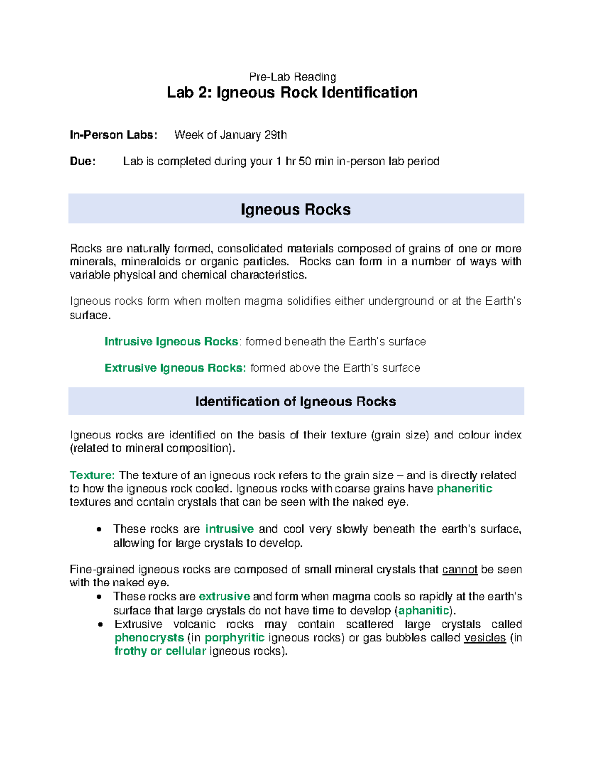 Pre-Lab Reading - Lab 2 - How to Identify Igneous Rocks - W2024 - Pre ...