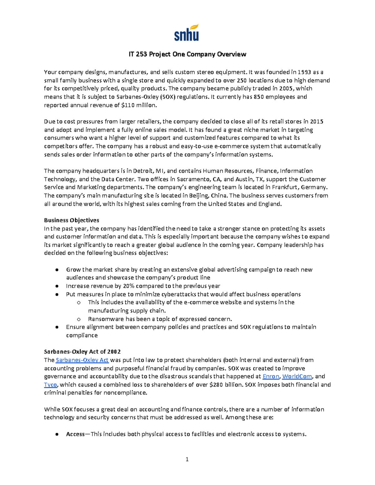 IT 253 Project One Company Overview - 1 IT 253 Project One Company ...