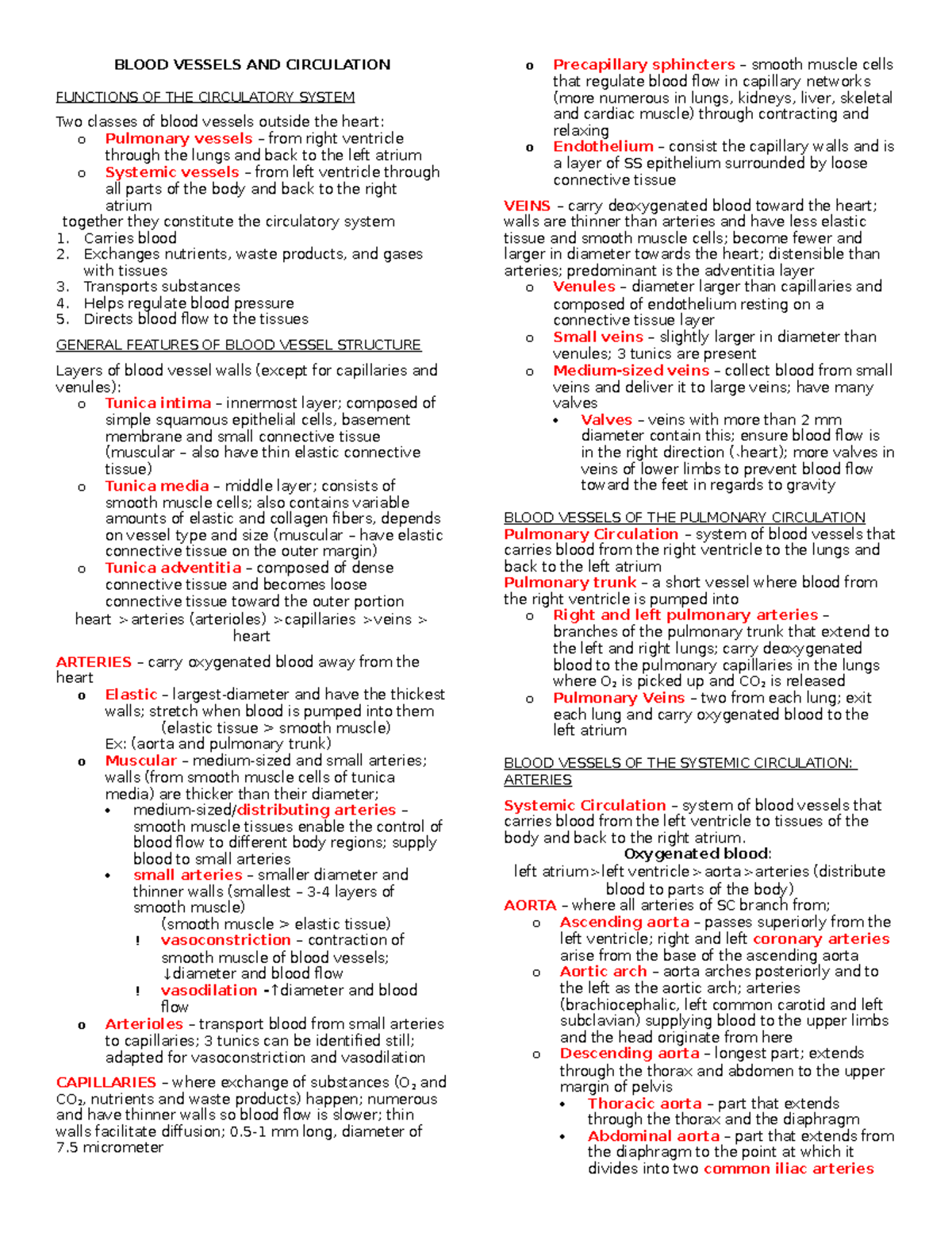 Blood Vessels AND Circulation Notes - BLOOD VESSELS AND CIRCULATION o ...