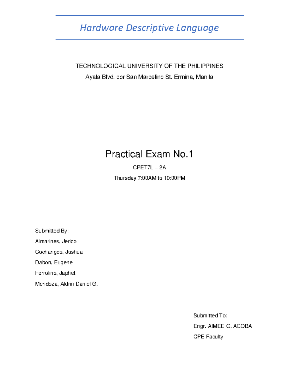 Group 6 Practical Exam No - TECHNOLOGICAL UNIVERSITY OF THE PHILIPPINES Ayala Blvd. cor San ...