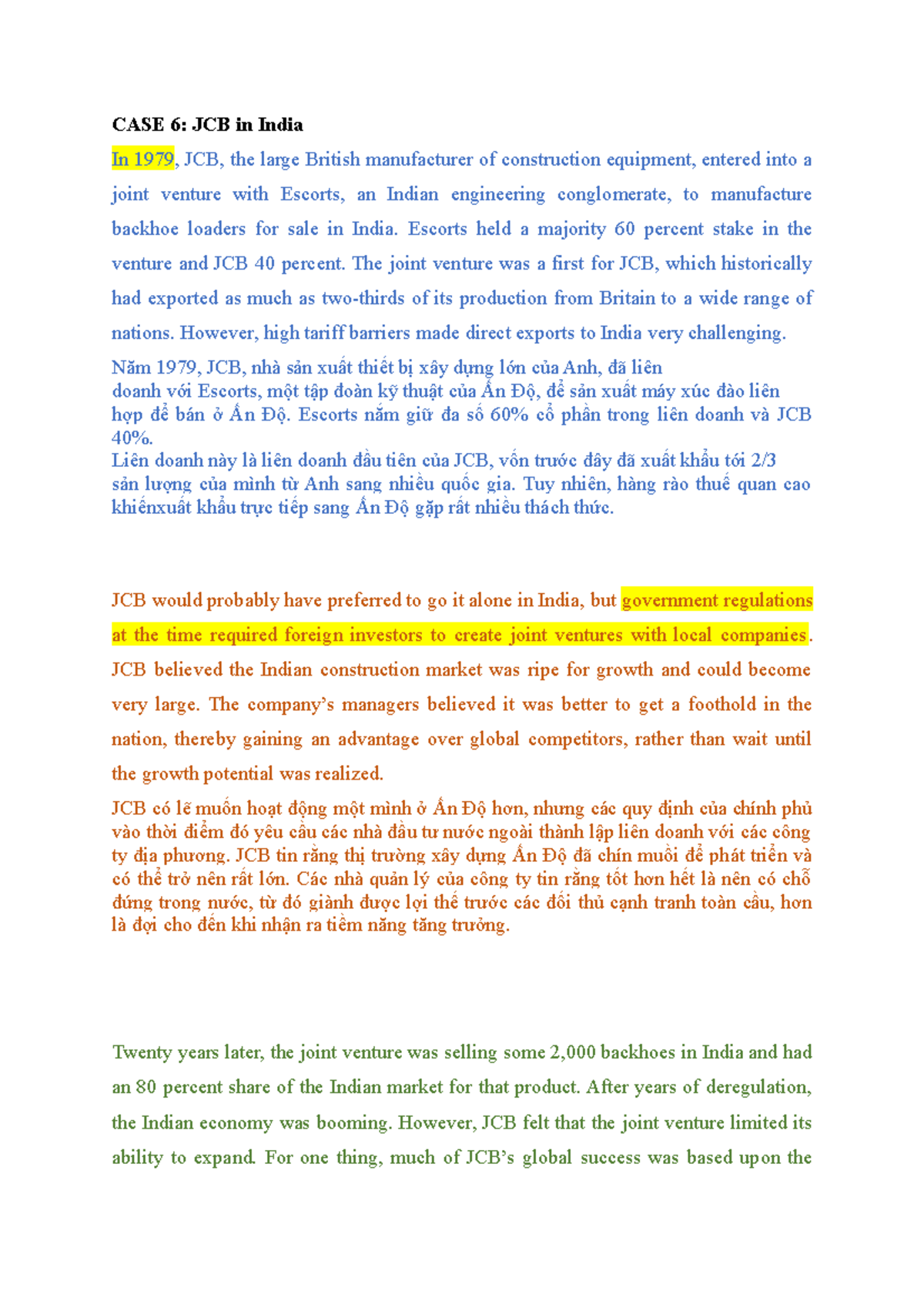 CASE-6 - Bài tập KInh doanh quốc tế - CASE 6: JCB in India In 1979, JCB ...