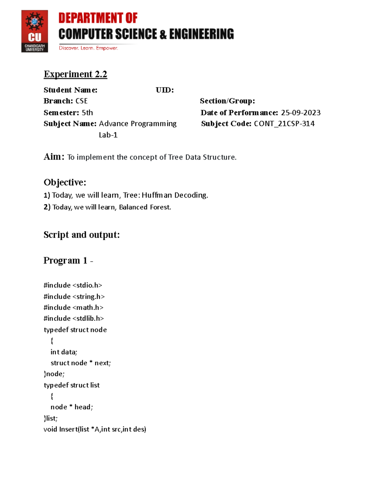 DOC-20231011-WA0001 - This practical worksheet of advance programing lab - Experiment 2. Student ...