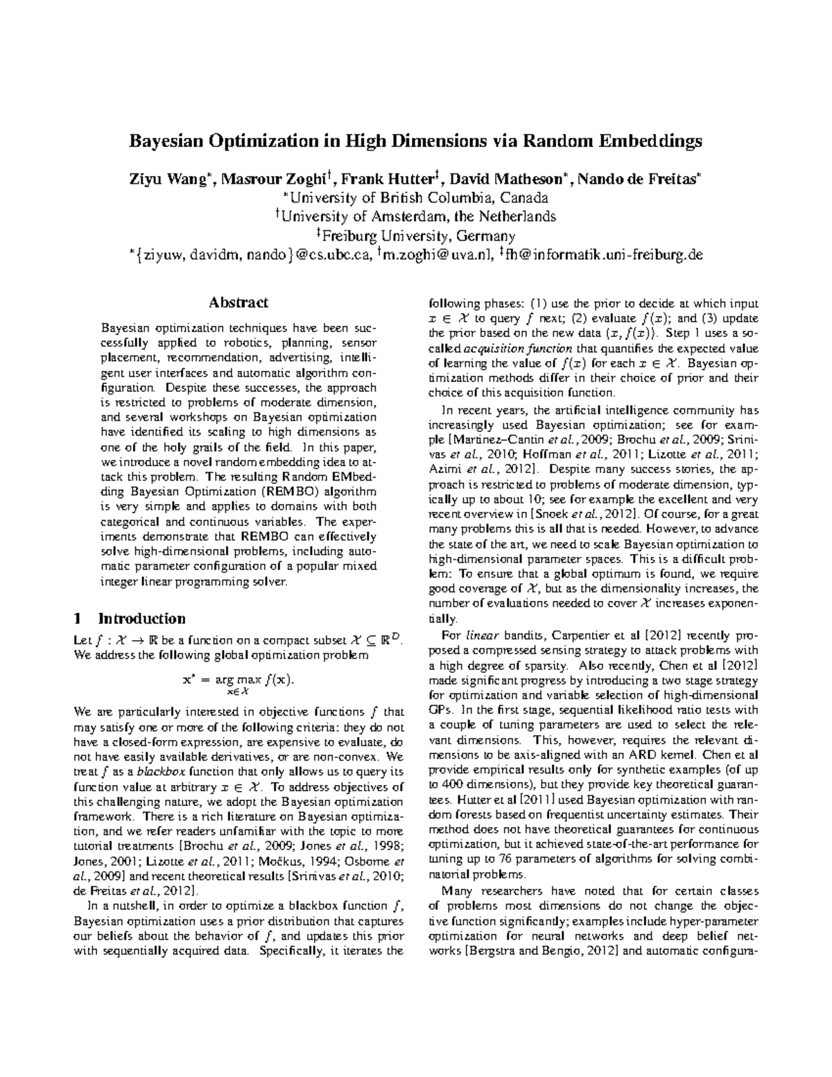 Bayesian Optimization In High Dimensions Via Random Embeddings The
