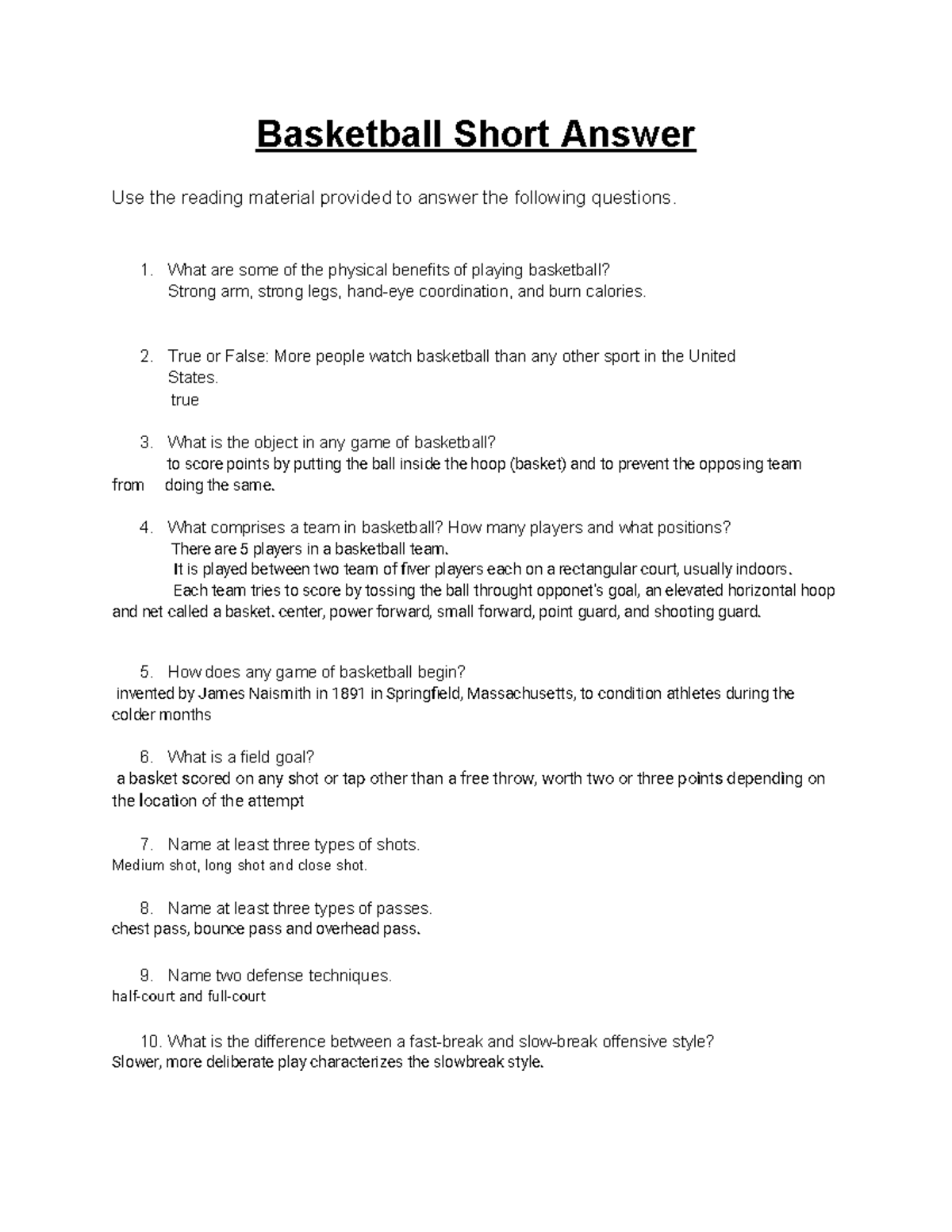 Copy of 1A- Basketball Short Answer - Basketball Short Answer Use the ...