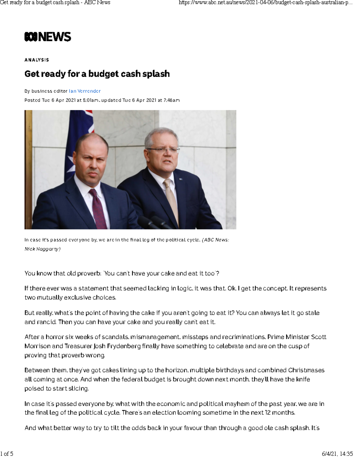 ABC article on federal budget 20210406 - ANALYSIS Get ready for a ...