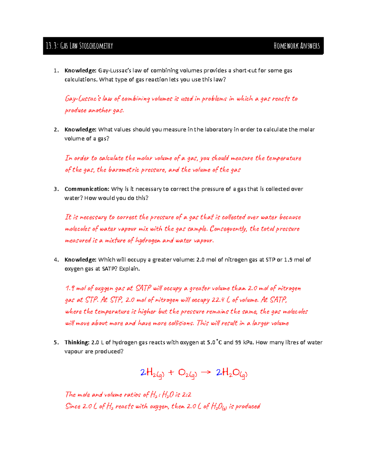13.3.A Gas Law Stoichiometry Homework Answers - Knowledge: Gay-Lussac’s ...