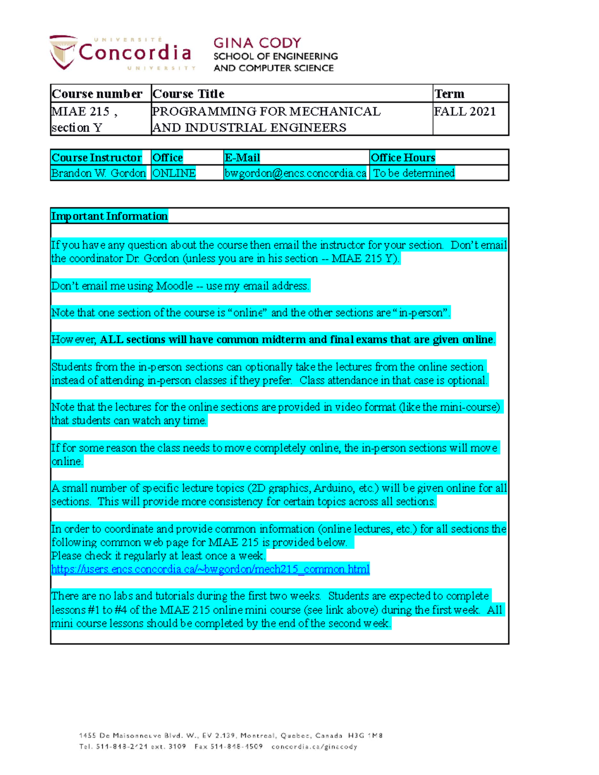 MIAE 215 outline fall 2021 - Course number Course Title Term MIAE 215 ...