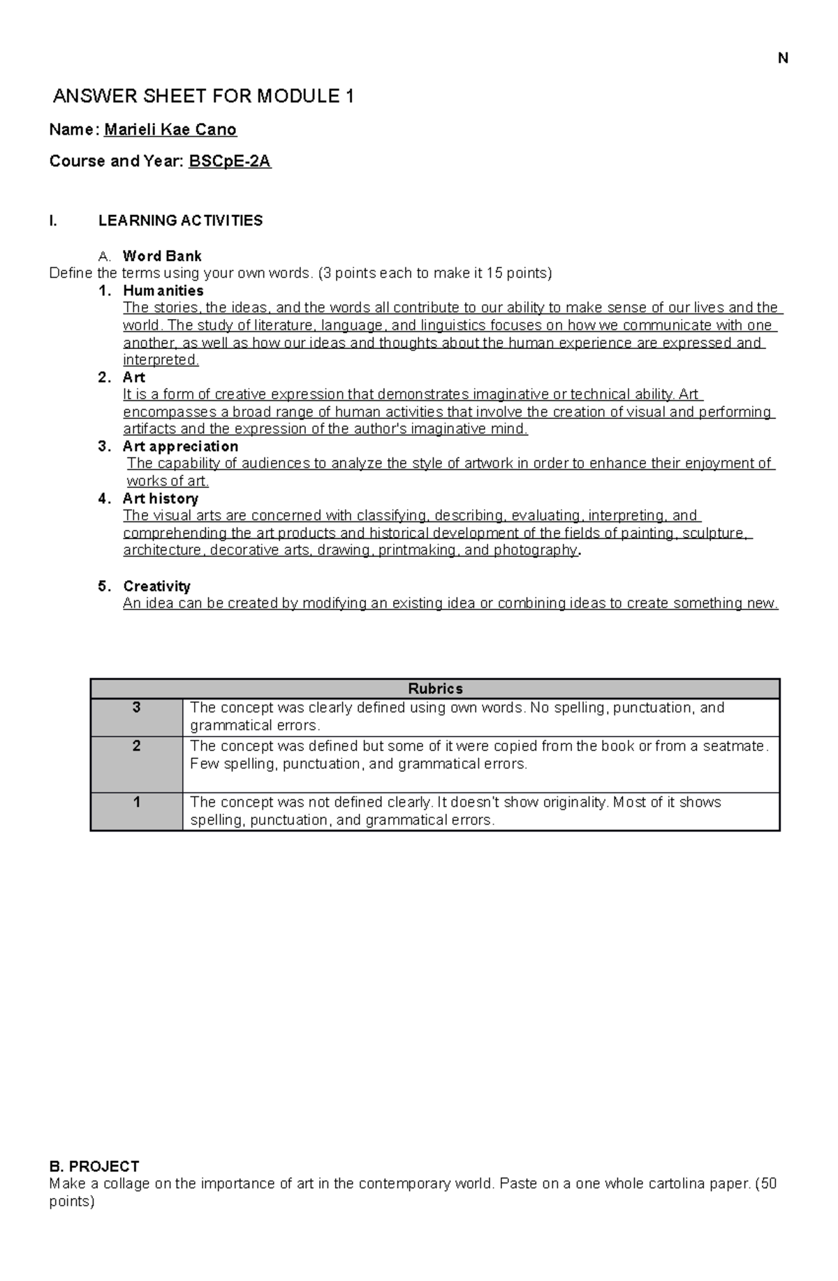 Arts Appreciation - Module Midterm GE-ELEC - N ANSWER SHEET FOR MODULE ...