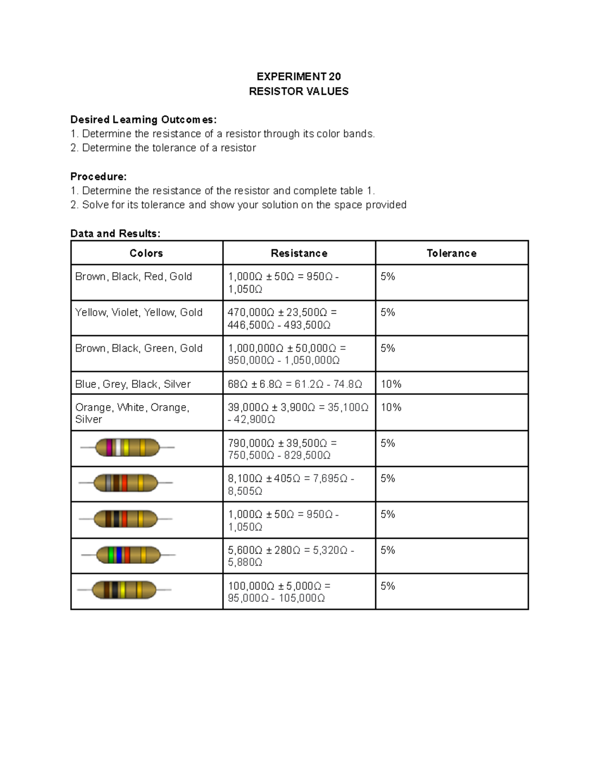 Experiment 20 - EXPERIMENT 20 RESISTOR VALUES Desired Learning Outcomes ...