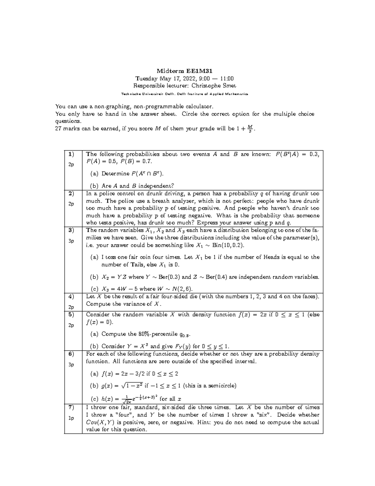 Probability Theory and Statistics[ 2022-05-17] - Midterm EE1M Tuesday May 17, 2022, 9:00 — 11 ...