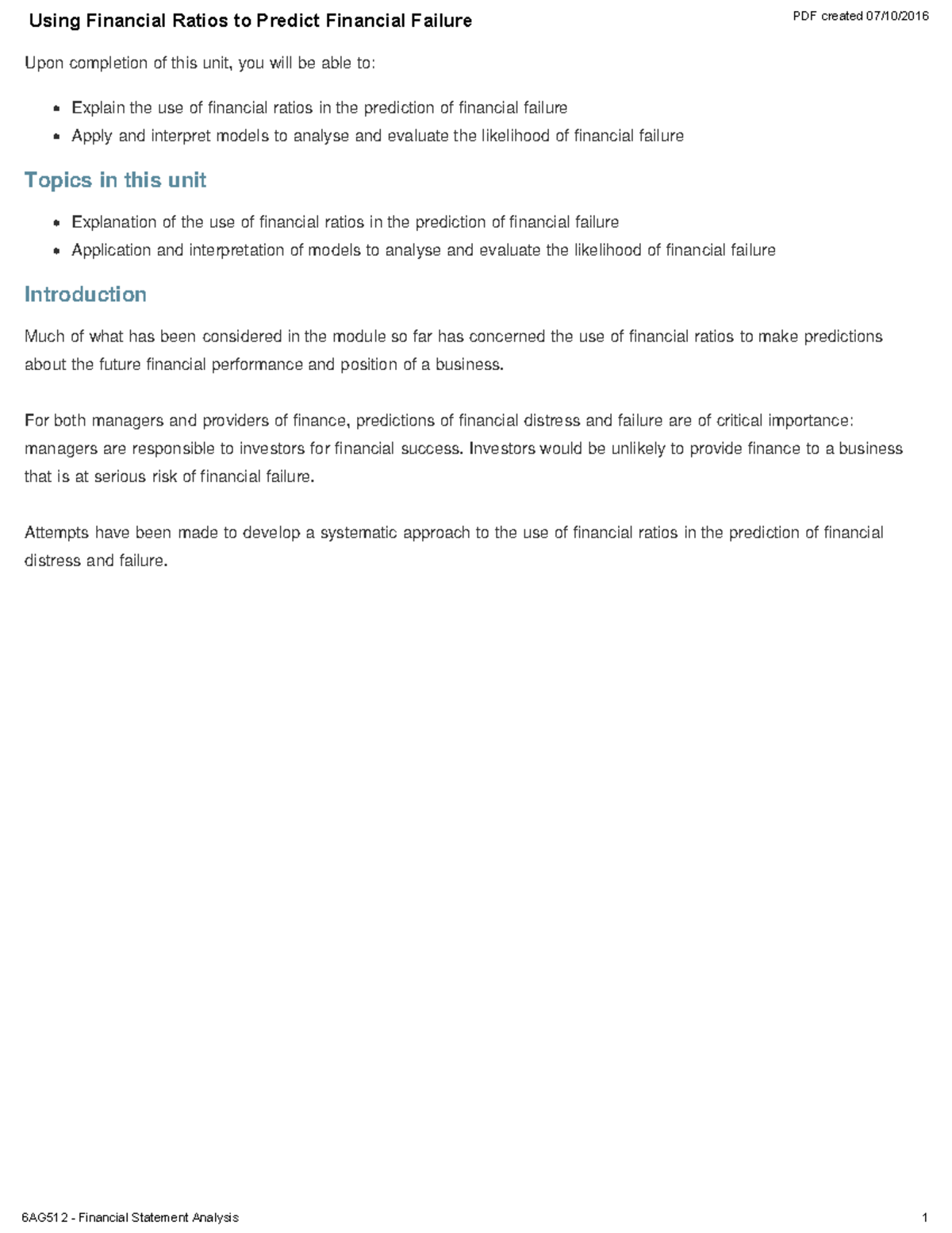 Unit 9 - Using Financial Ratios to Predict Financial Failure - Upon ...