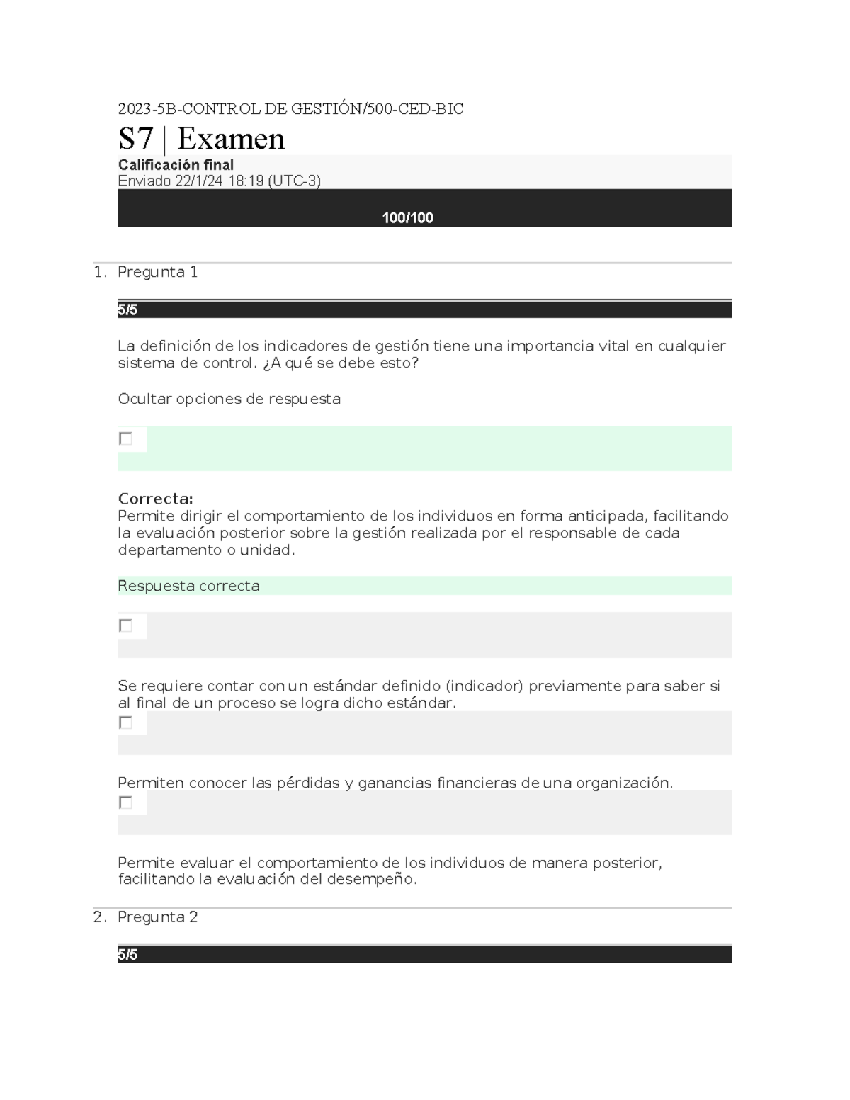 Examen Control DE Gestion - 2023-5B-CONTROL DE GESTIÓN/500-CED-BIC S7 | Examen Calificación ...