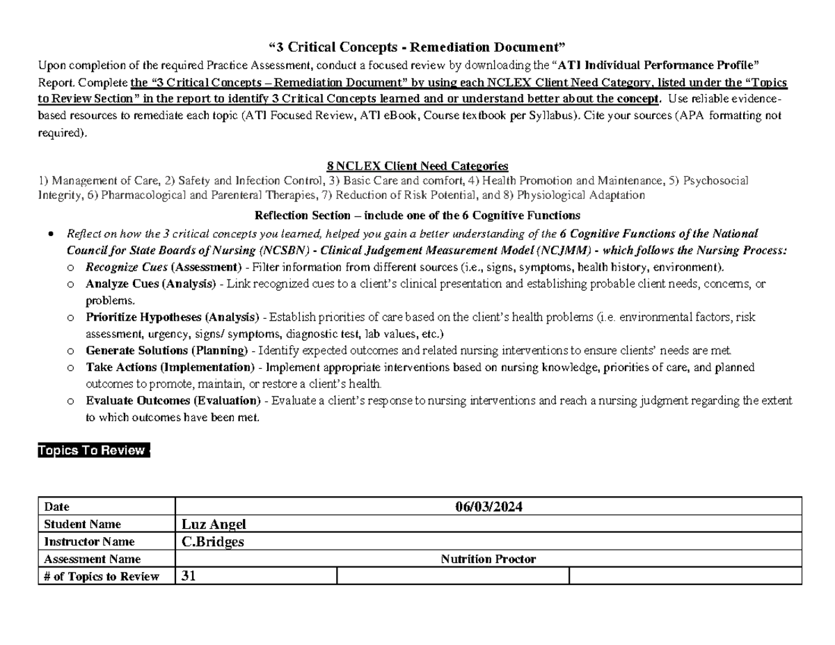 Nutrition Proctor 3 critical concepts Remediation - “3 Critical ...