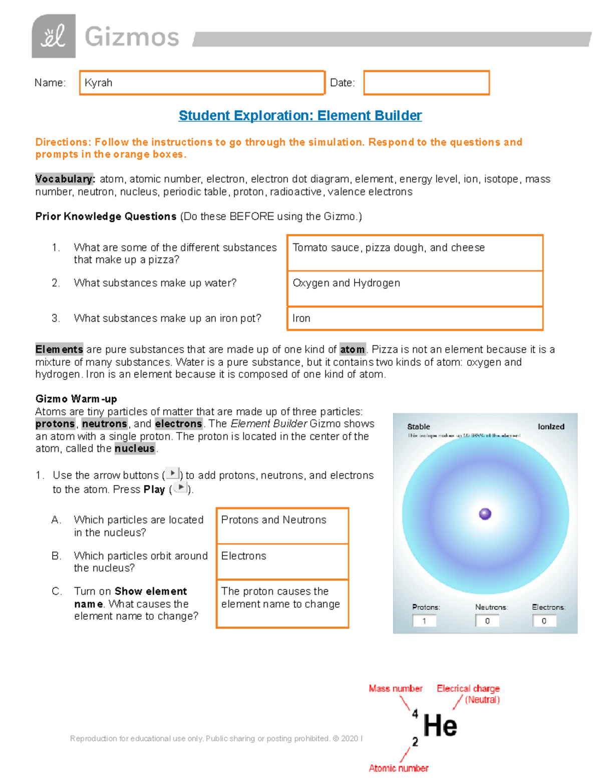 Copy of Element Builder SE - Name: Kyrah Date: Student Exploration ...