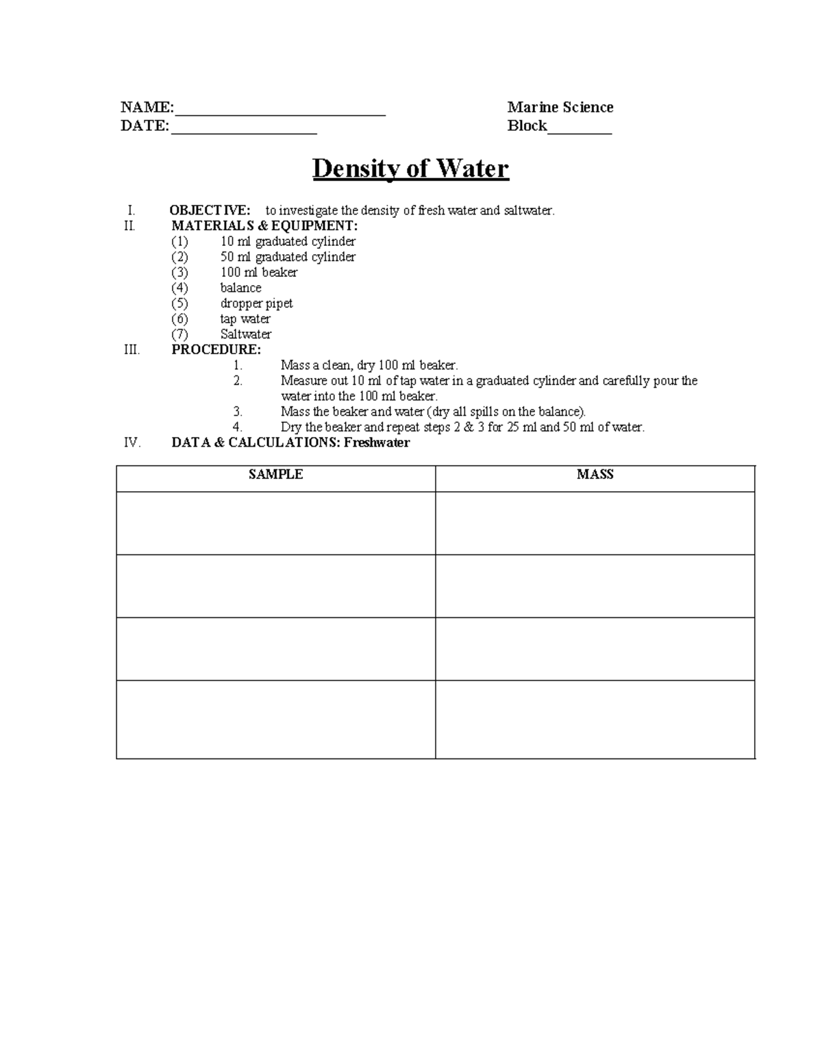 - LAB-Densityofwater - NAME:__________________________ Marine Science ...