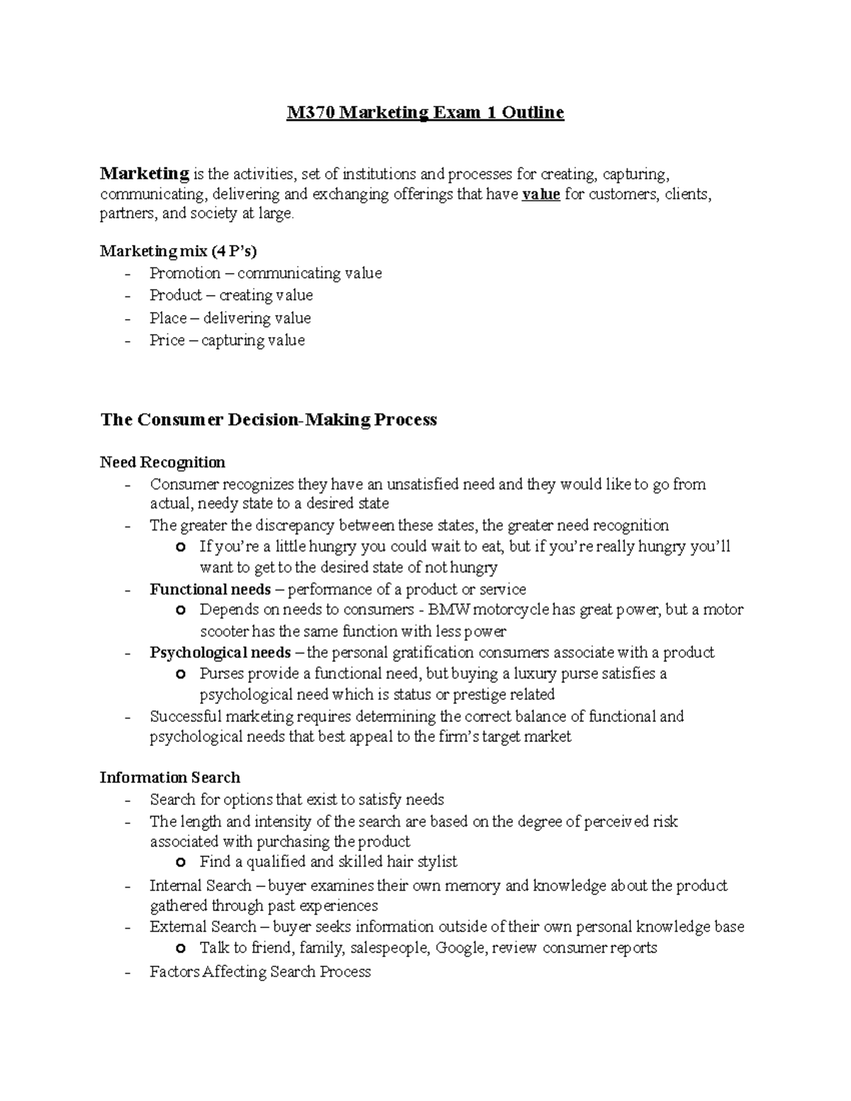 M370 Marketing Exam 1 Outline - M370 Marketing Exam 1 Outline Marketing ...