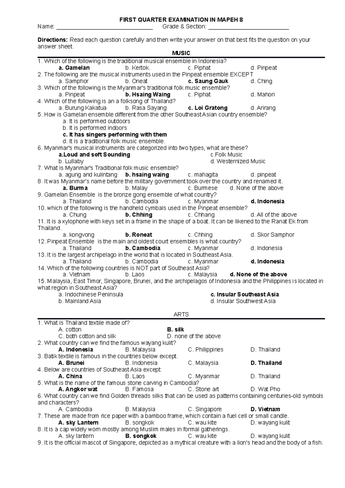 Grade 8-first-quarter - FIRST QUARTER EXAMINATION IN MAPEH 8 Name