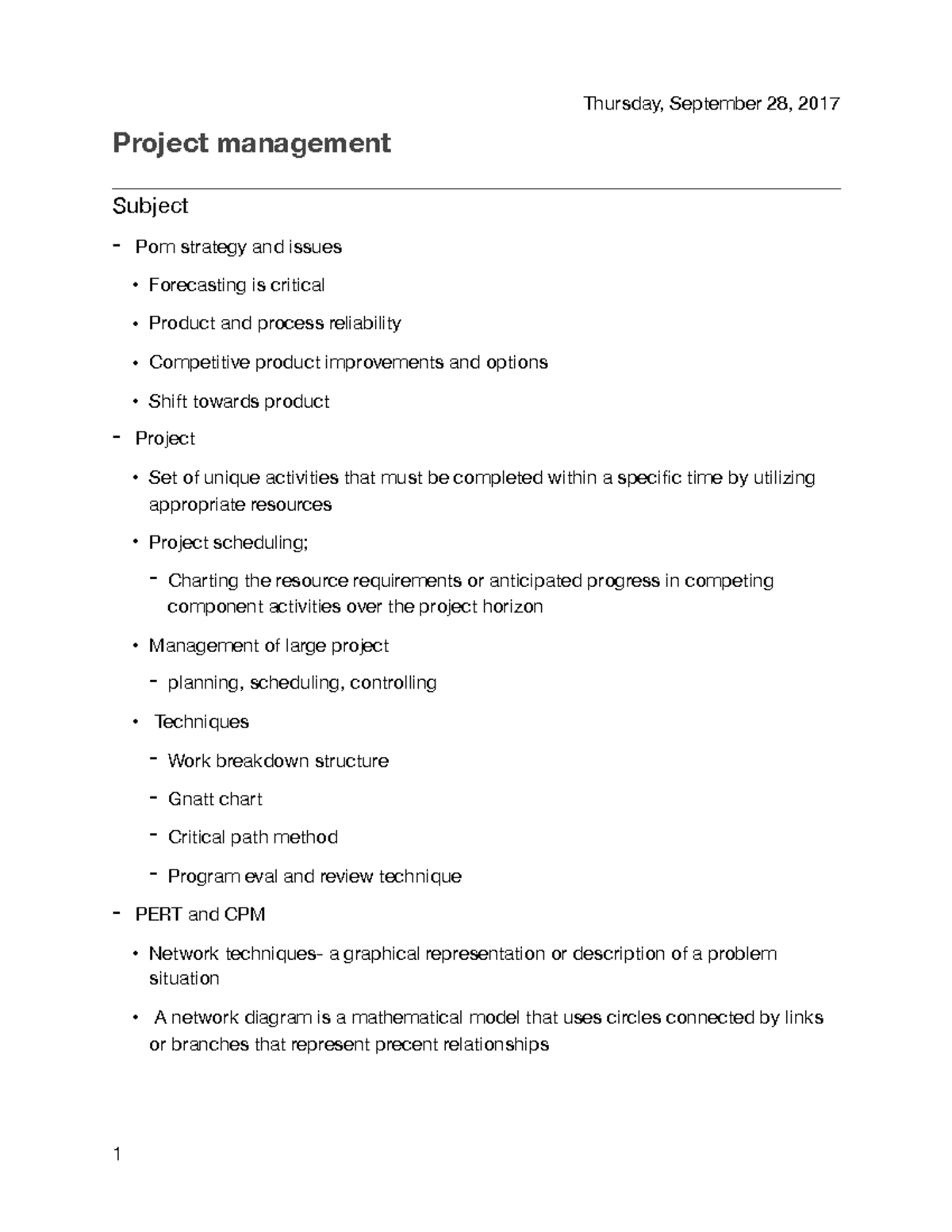 Project Management Prof Pati Thursday September 28 2017 Project