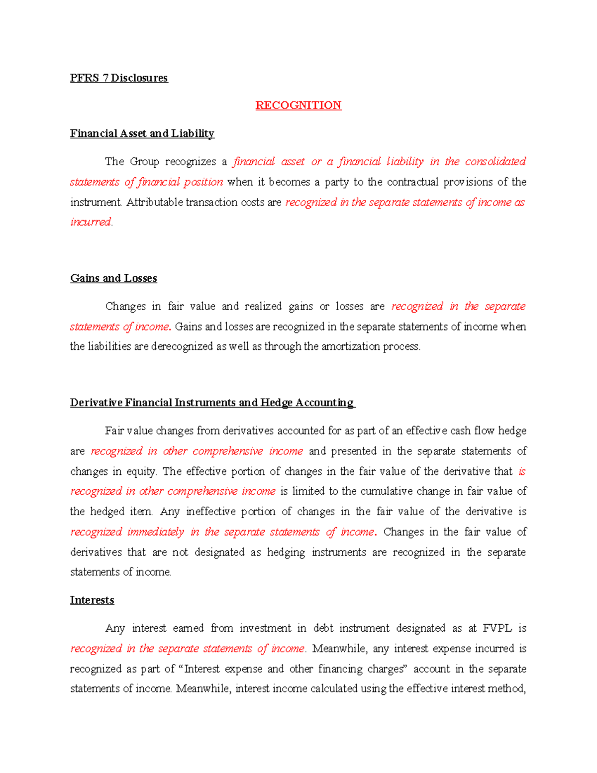 PFRS 7 Lecture Notes - PFRS 7 Disclosures RECOGNITION Financial Asset ...