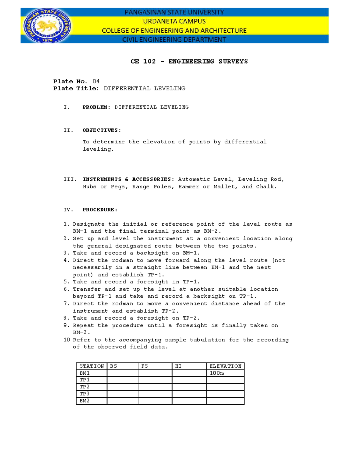 Engineering surveys Plate no. 4 - CE 102 - ENGINEERING SURVEYS Plate No ...
