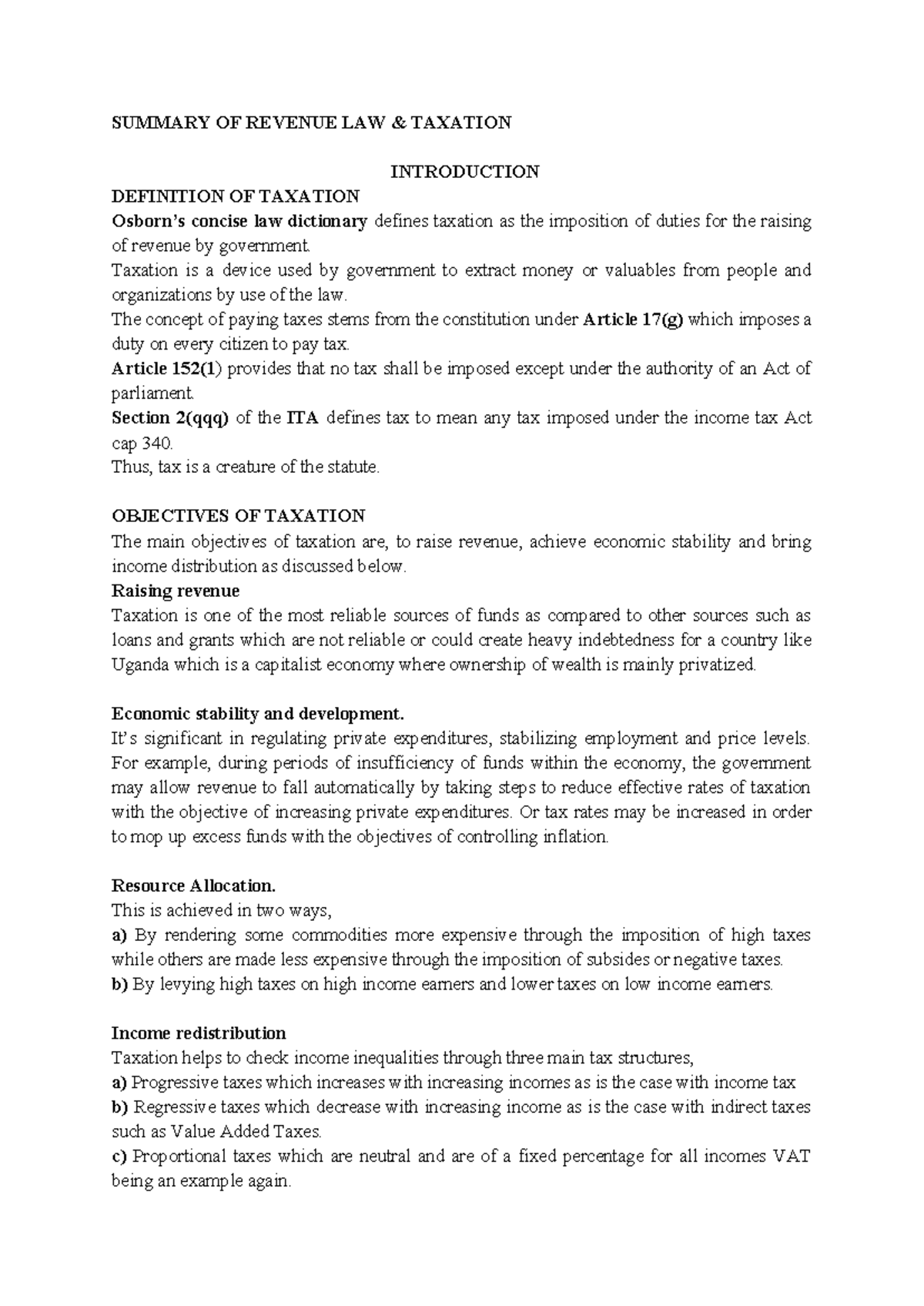 Summary OF Taxation Notes ON THE Topics Covered - SUMMARY OF REVENUE ...