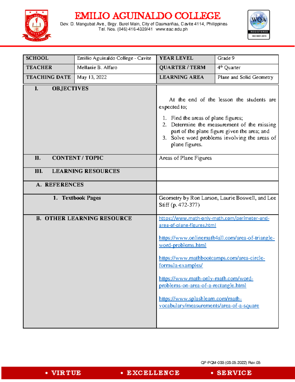 Geometry Lesson-PLAN Alfaro - Gov. D. Mangubat Ave., Brgy. Burol Main ...